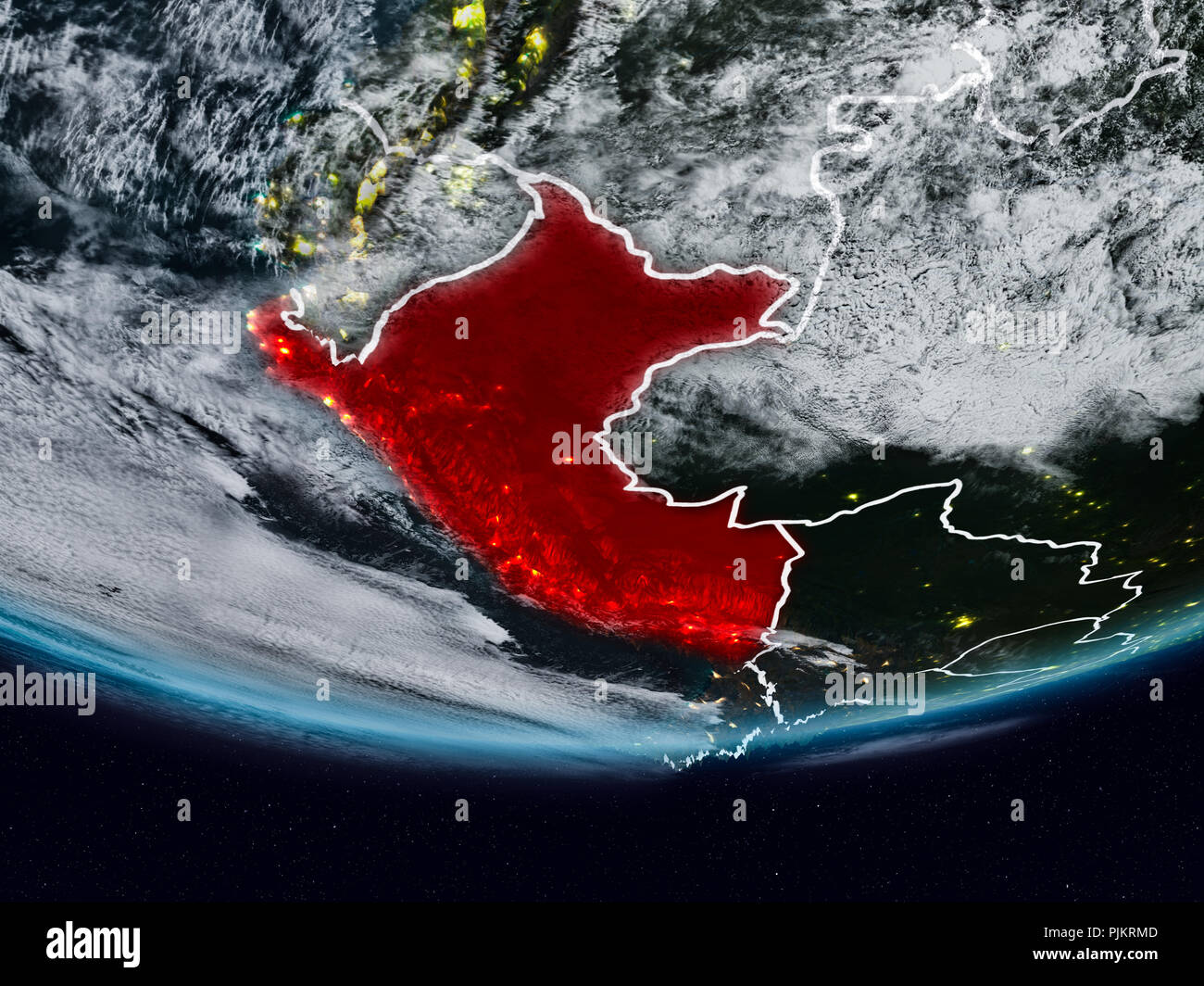 Peru on Earth at night with visible country borders. 3D illustration ...