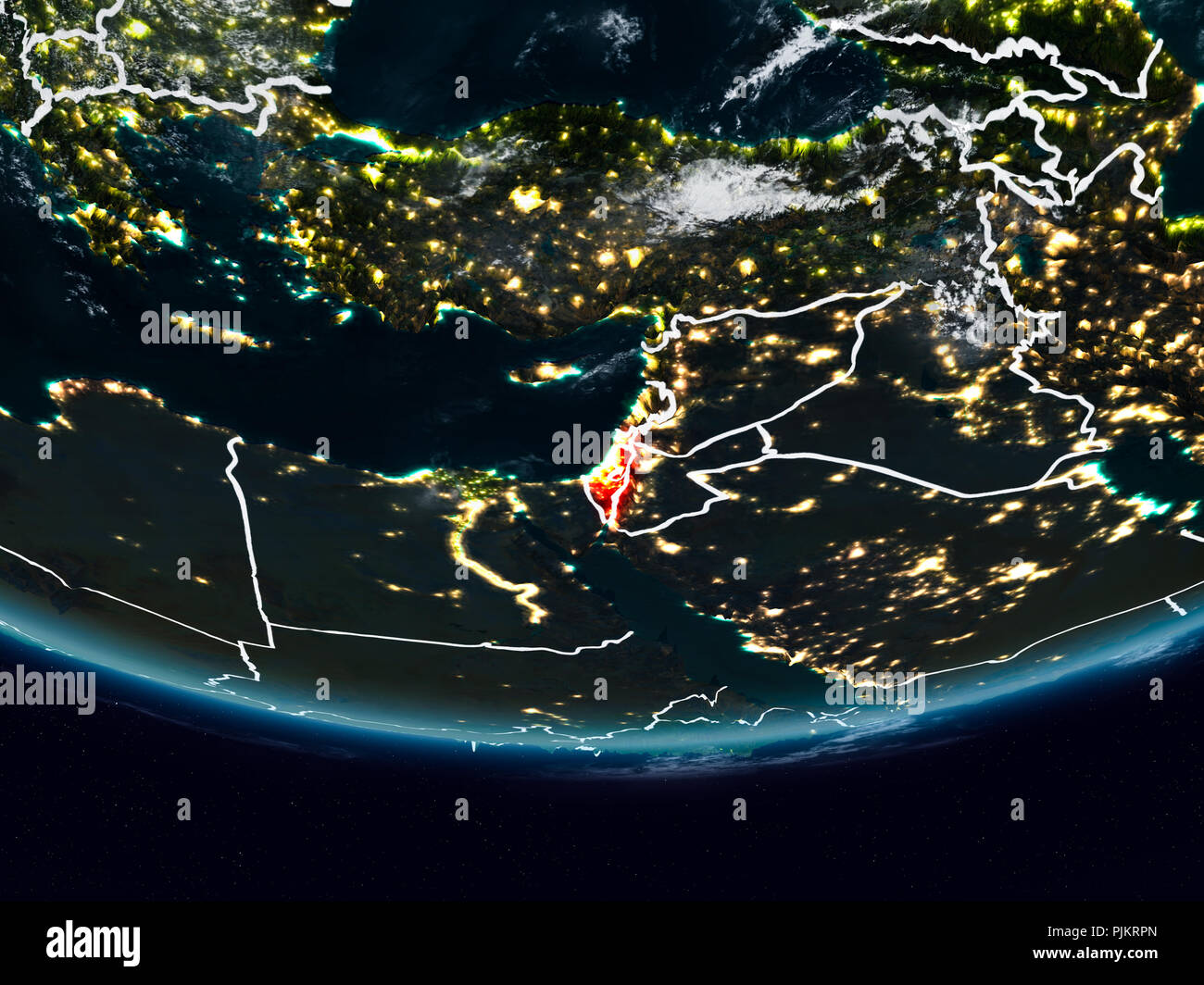 Israel on Earth at night with visible country borders. 3D illustration ...