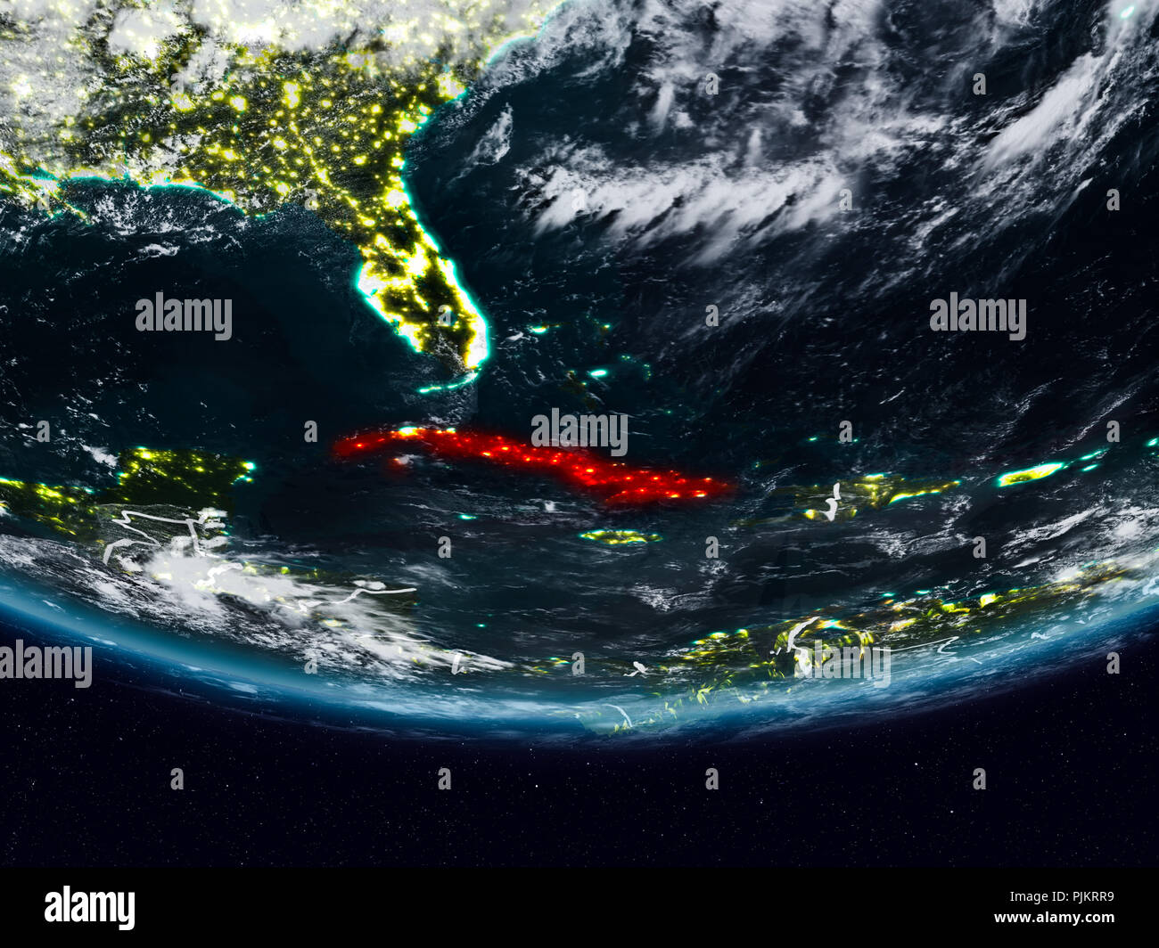 Cuba on Earth at night with visible country borders. 3D illustration ...