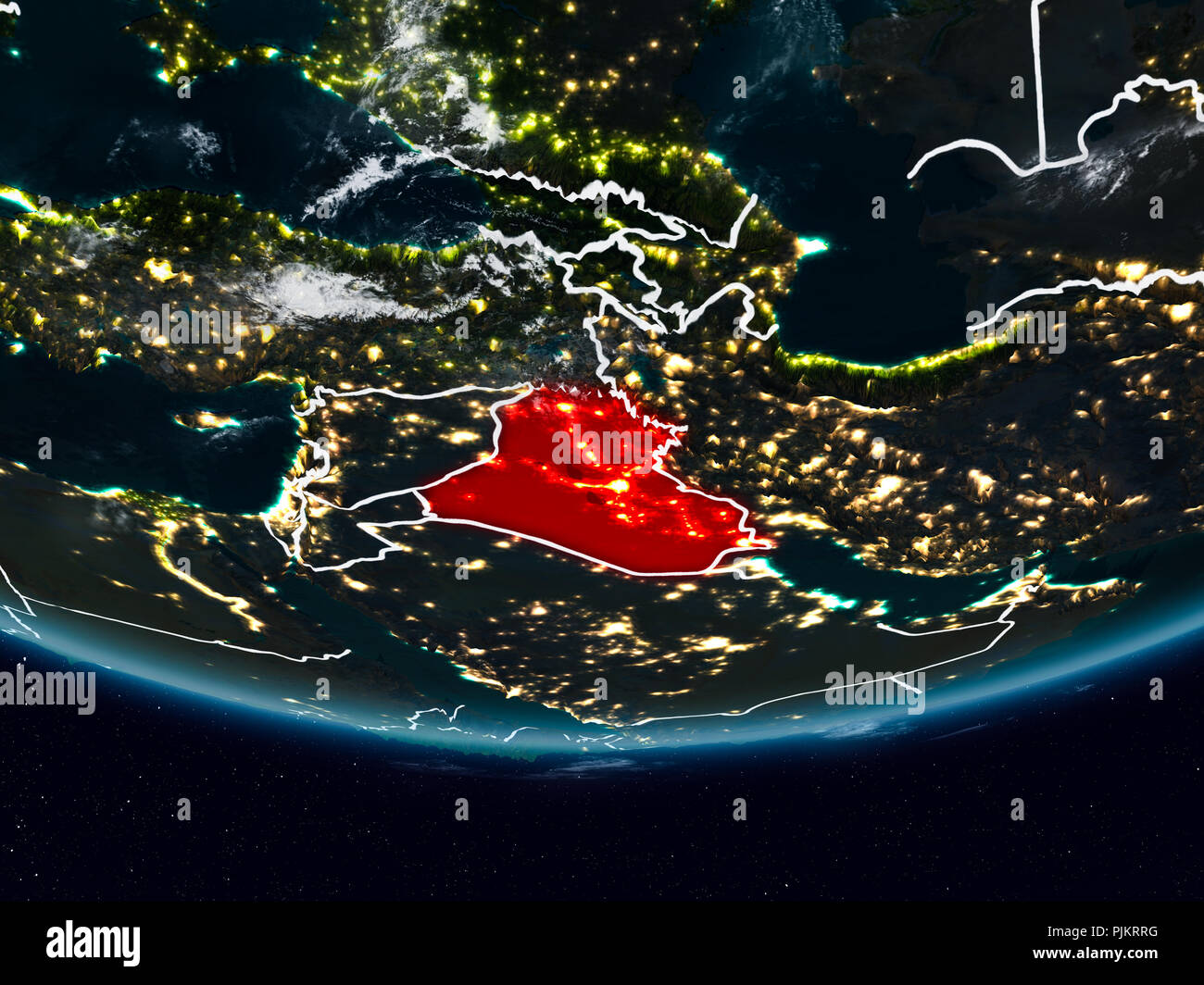 Iraq on Earth at night with visible country borders. 3D illustration ...