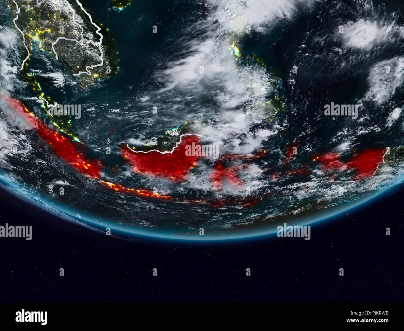 Indonesia on Earth at night with visible country borders. 3D ...