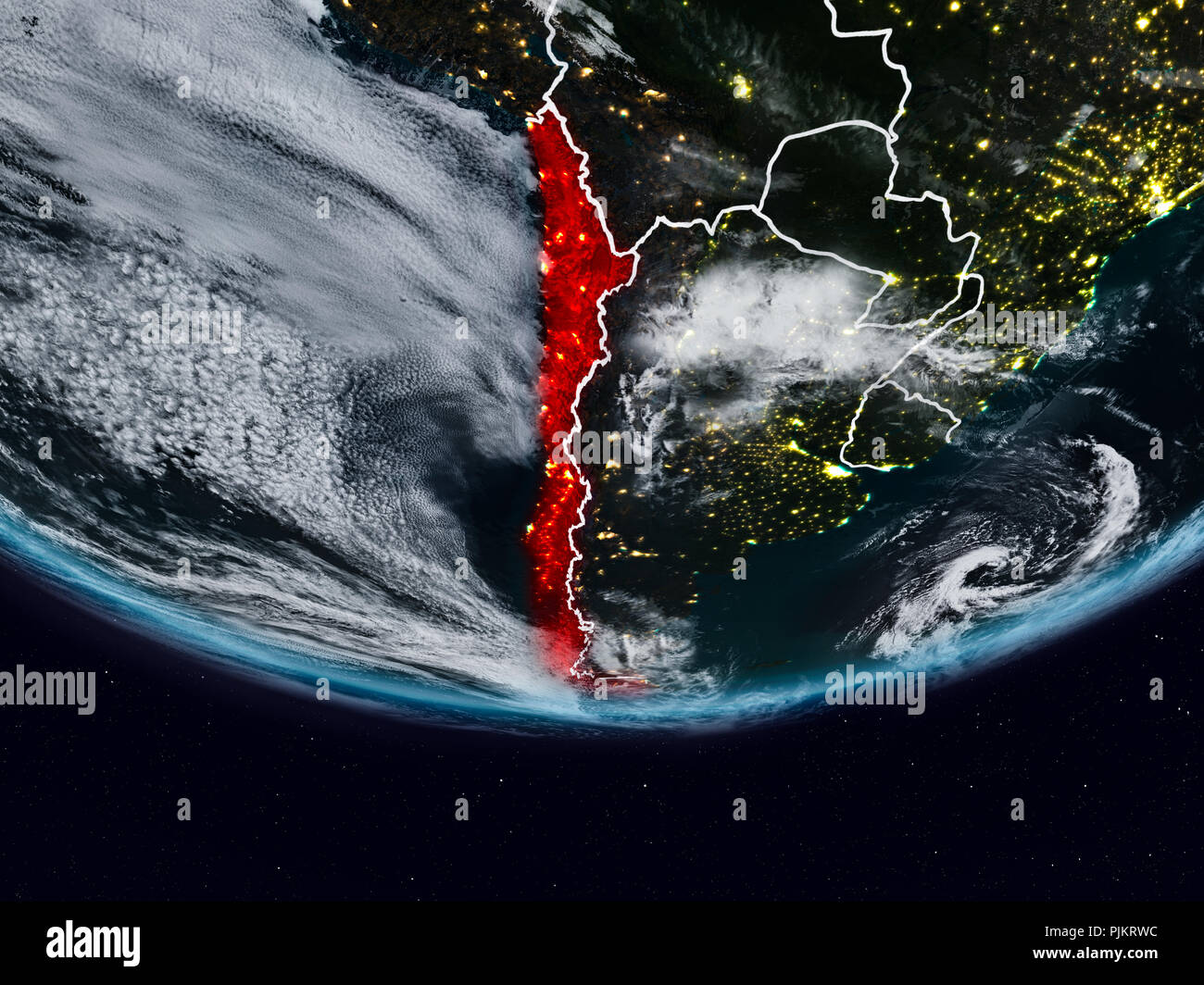 Chile on Earth at night with visible country borders. 3D illustration ...