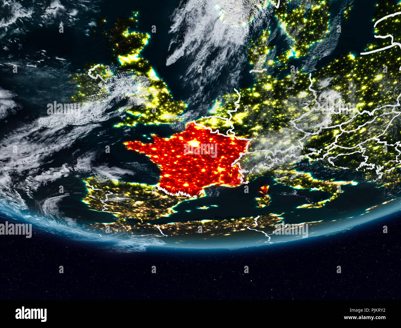 France on Earth at night with visible country borders. 3D illustration ...