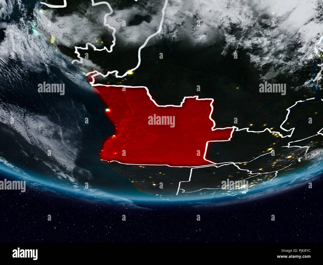 Angola on Earth at night with visible country borders. 3D illustration ...