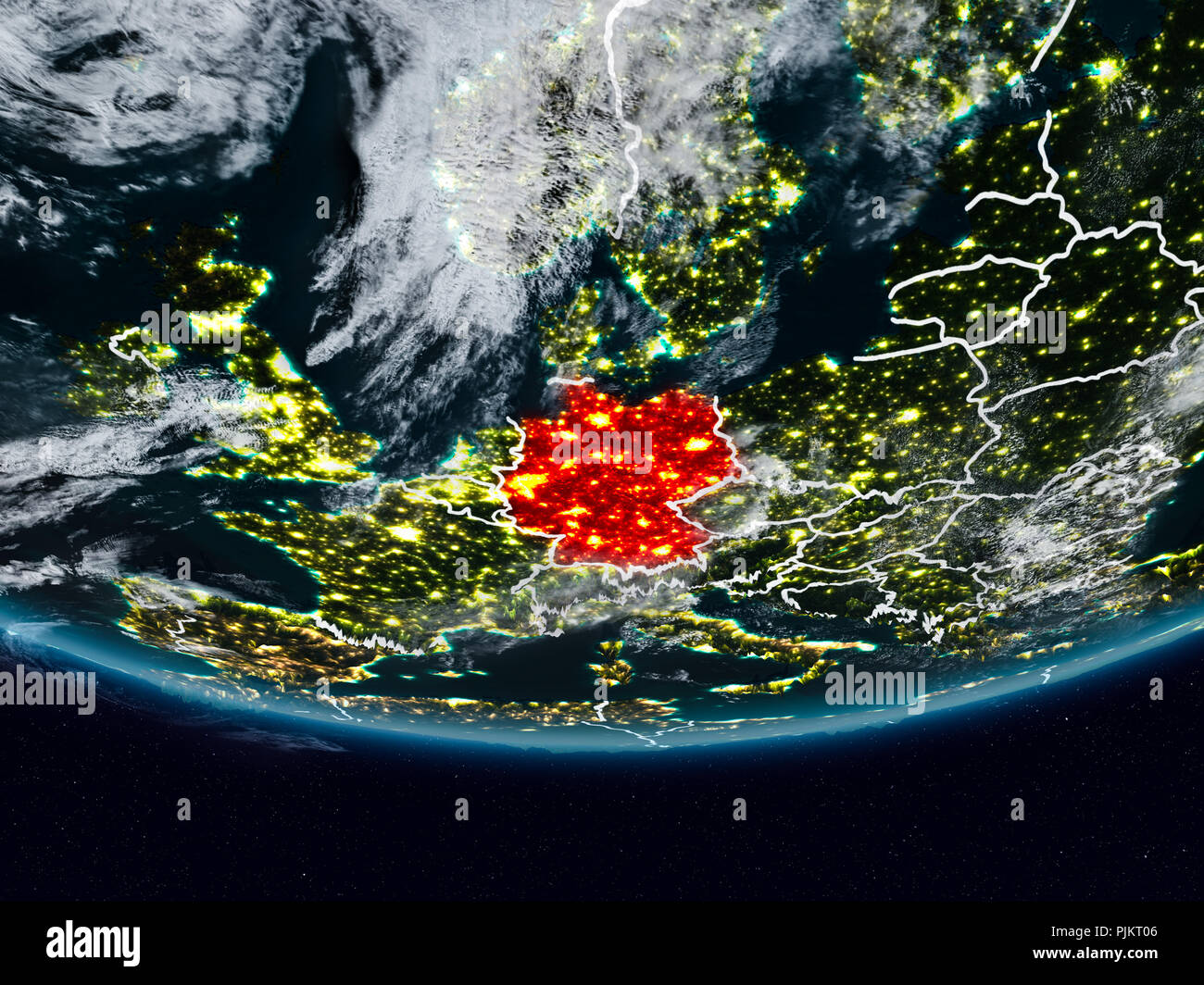 Germany on Earth at night with visible country borders. 3D illustration ...