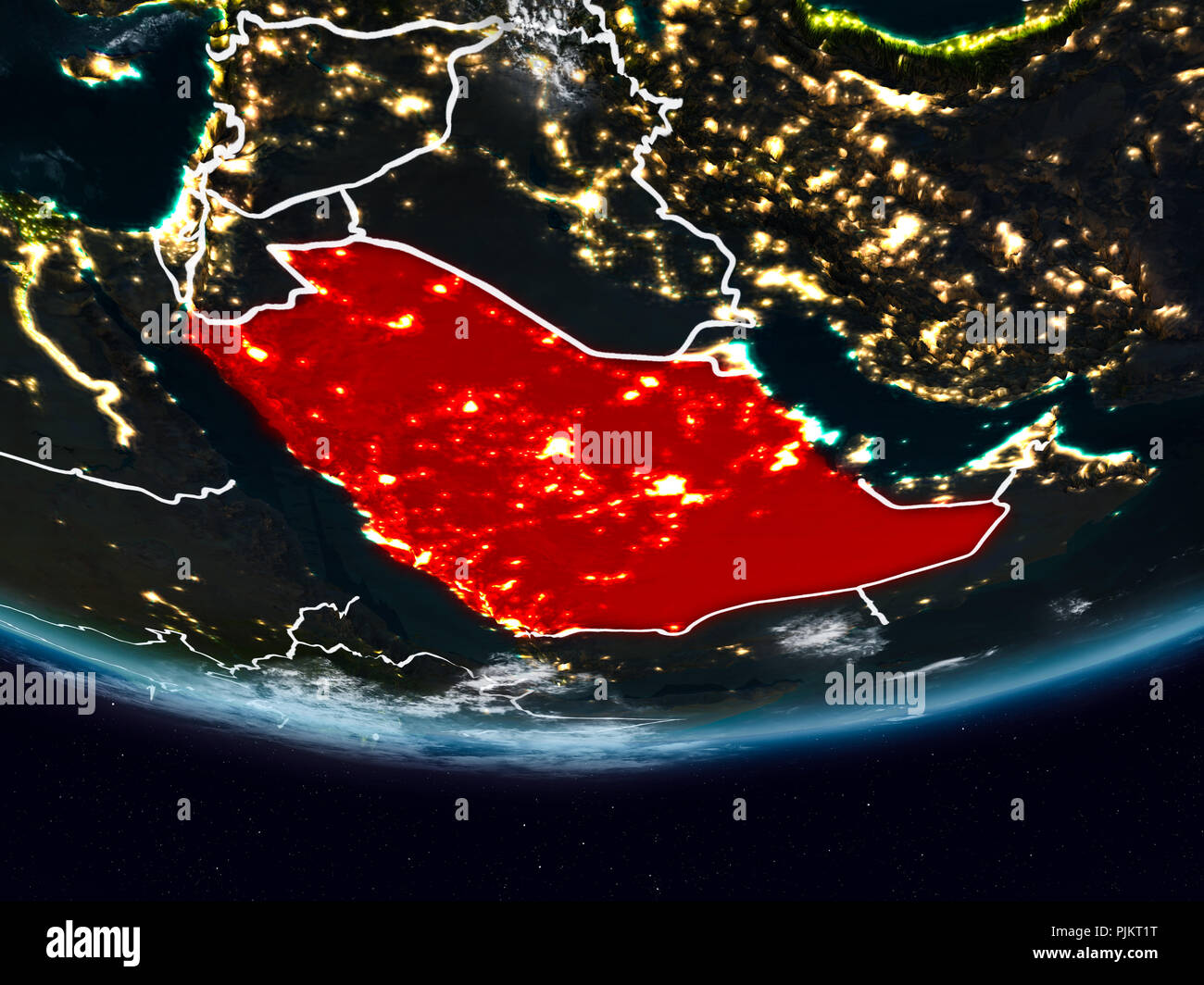 Saudi Arabia on Earth at night with visible country borders. 3D ...