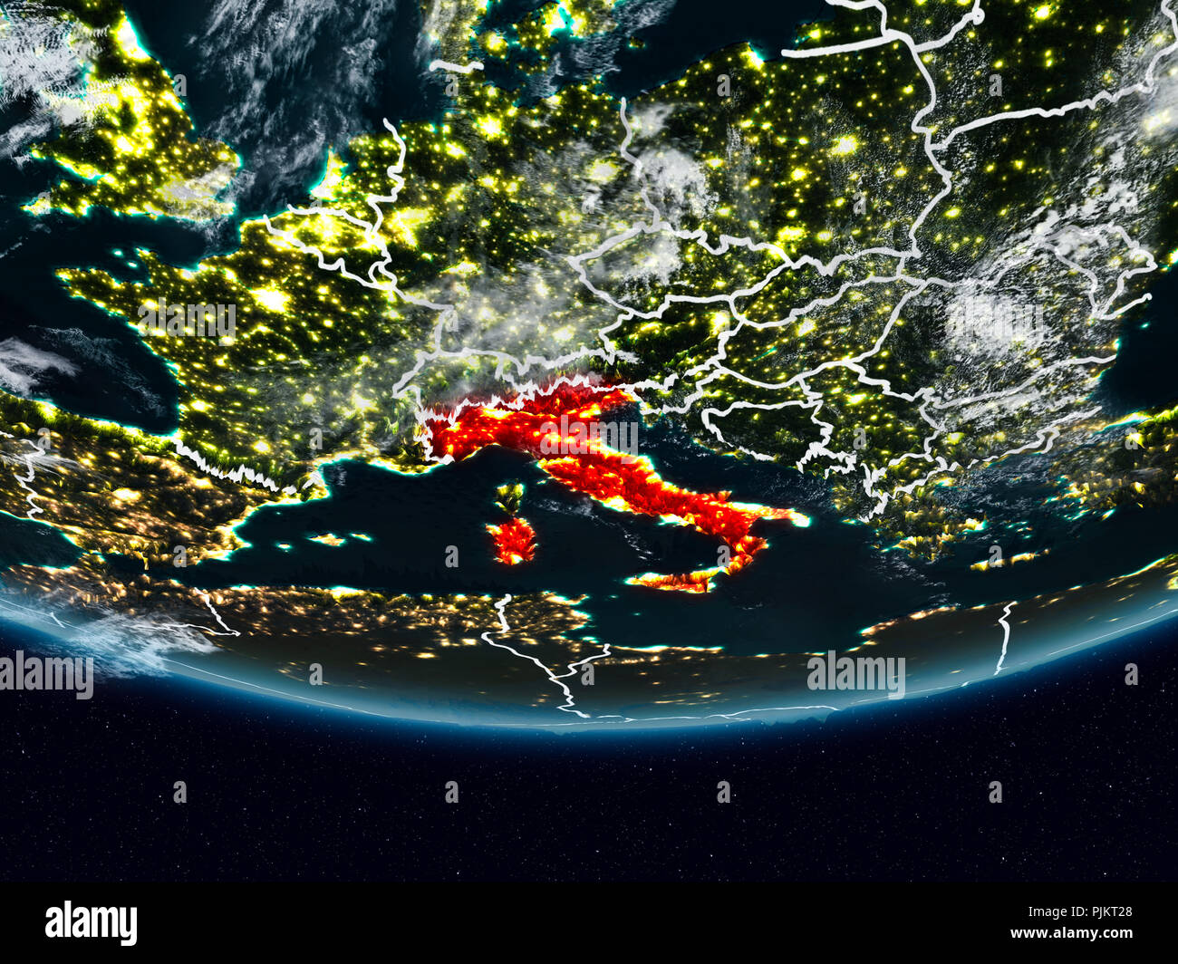 Italy on Earth at night with visible country borders. 3D illustration ...