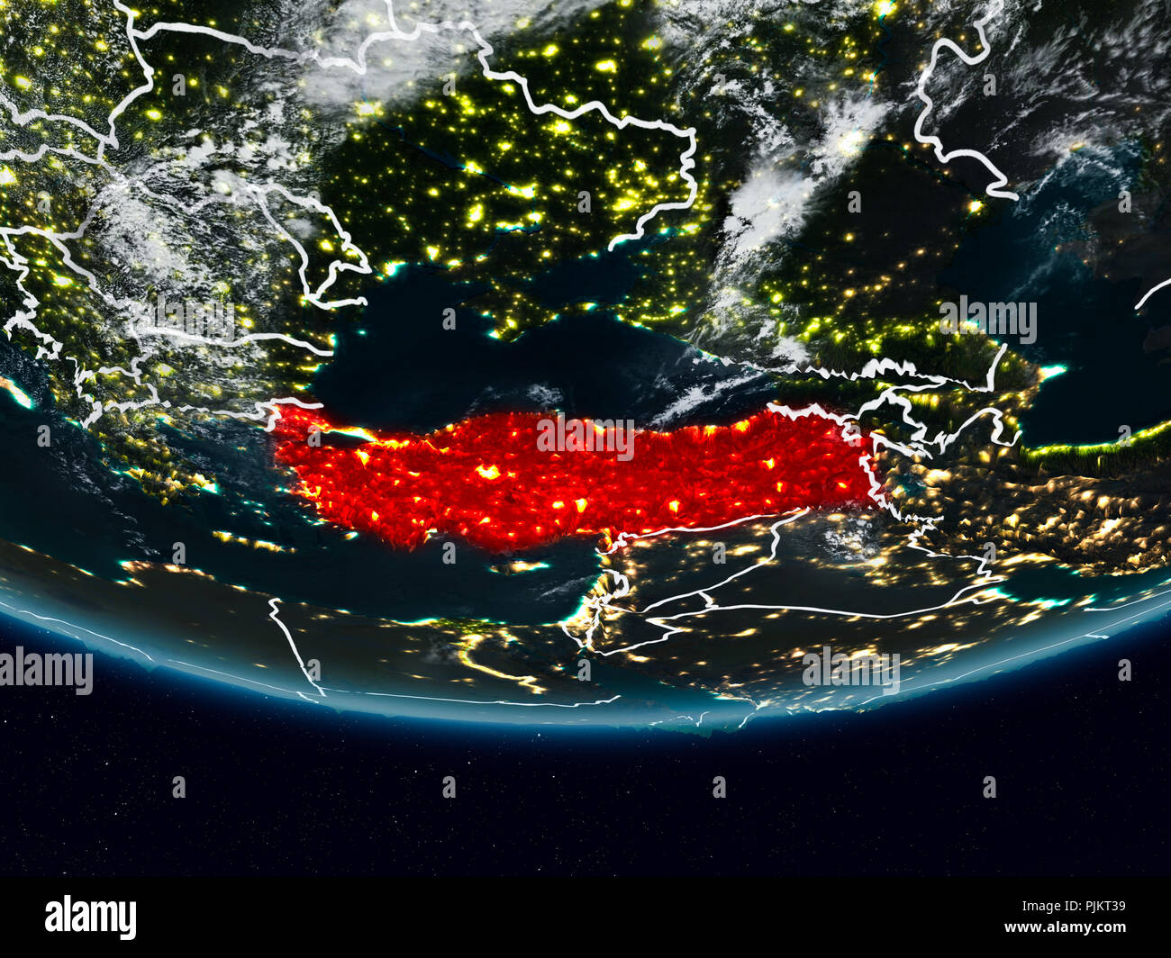 Turkey on Earth at night with visible country borders. 3D illustration ...