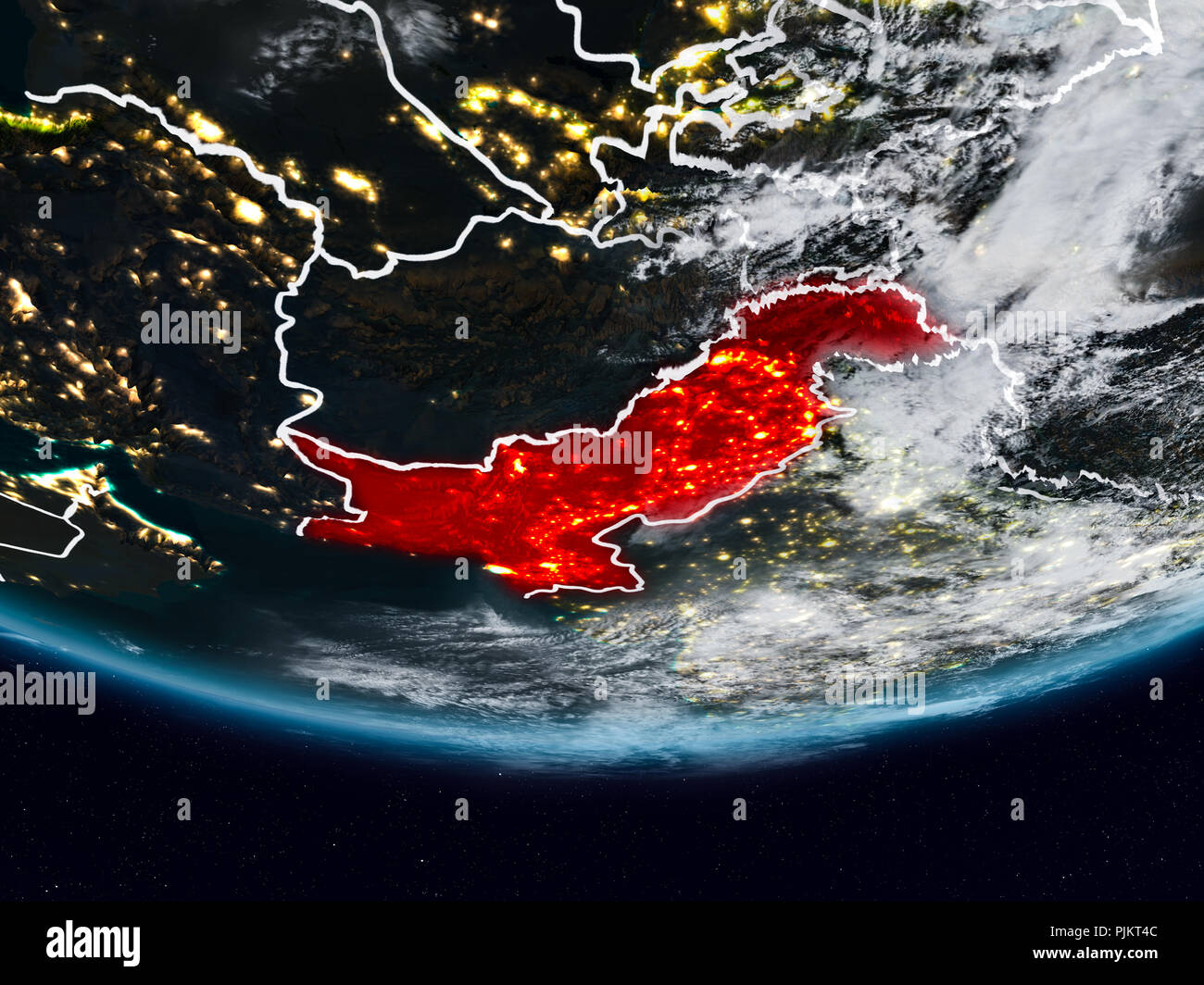 Pakistan on Earth at night with visible country borders. 3D ...