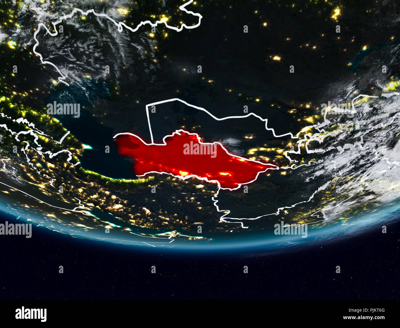 Turkmenistan on Earth at night with visible country borders. 3D ...