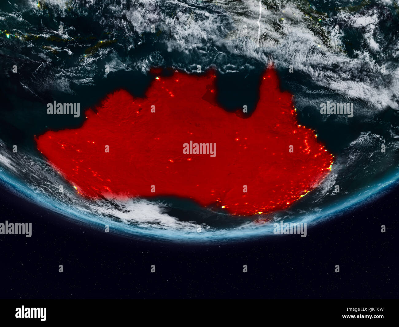 Australia on Earth at night with visible country borders. 3D ...