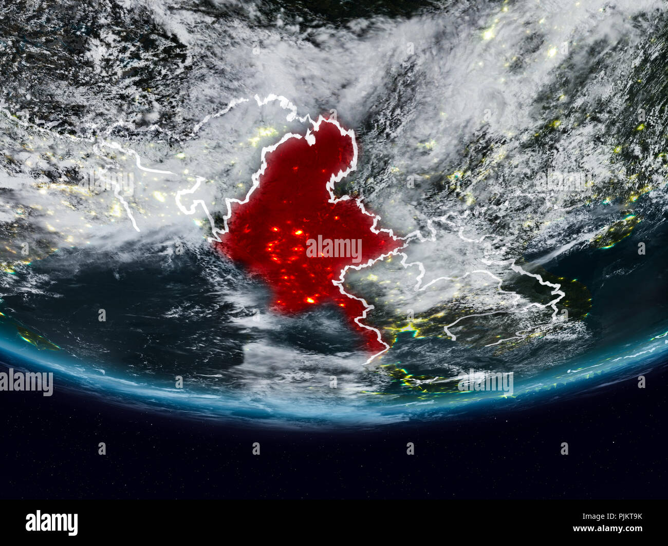 Myanmar on Earth at night with visible country borders. 3D illustration ...