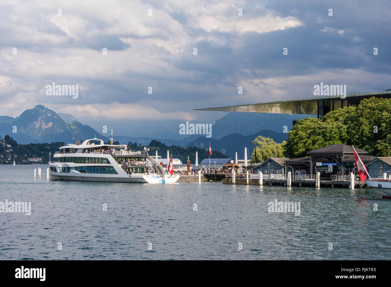 Shipping pier at the Culture and Congress Center, Lucerne, Lake Lucerne ...