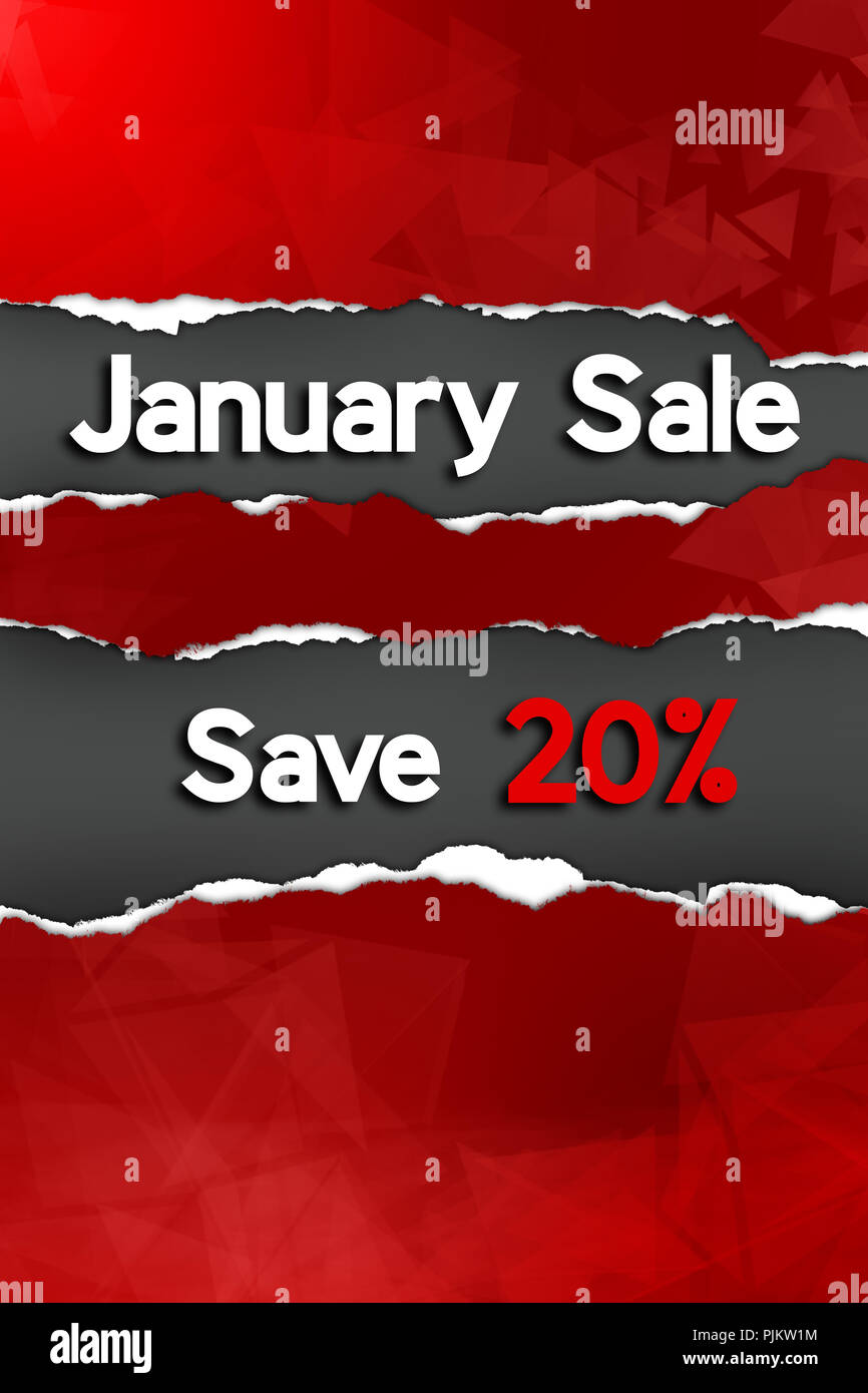 January Sale advertisement banner. Red with grey background and torn ...