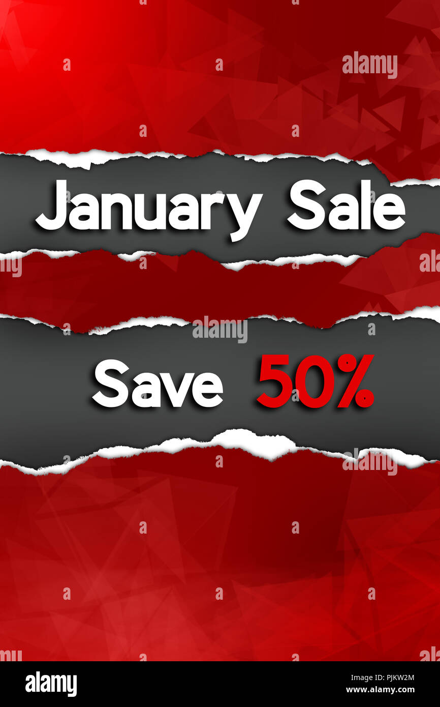 January Sale advertisement banner. Red with grey background and torn ...