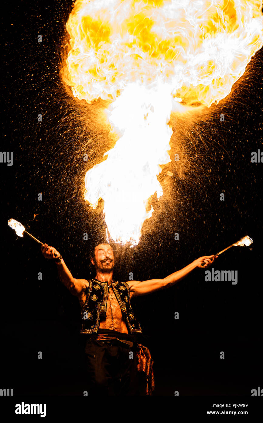 Bergamo, Italy - August 26, 2018: Italian fire-eater perform at Pollo ...