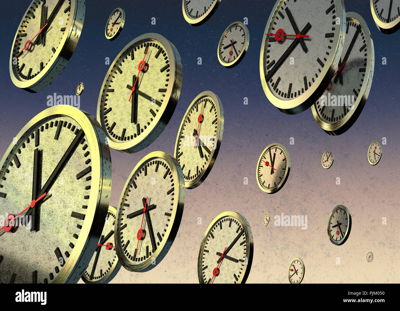 Floating and distorted watches in corroded gold metal against a sky ...