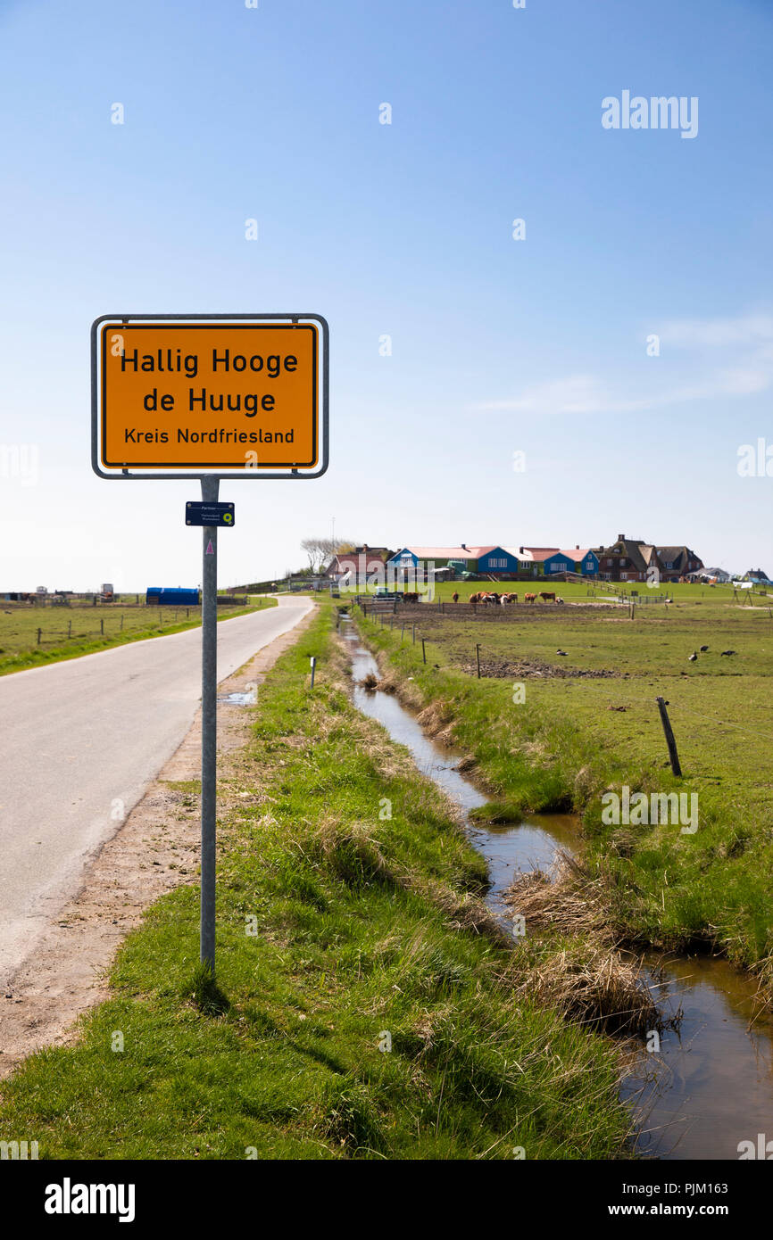 Germany, Schleswig-Holstein, Hallig Hooge, city entrance sign at the ...
