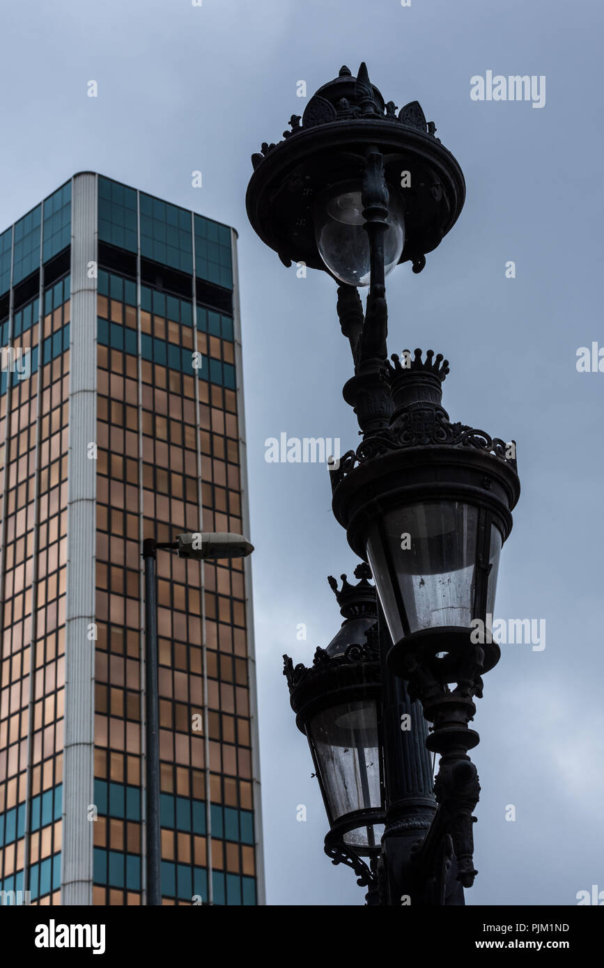 Modern architecture and gothic lantern, Barcelona Stock Photo - Alamy