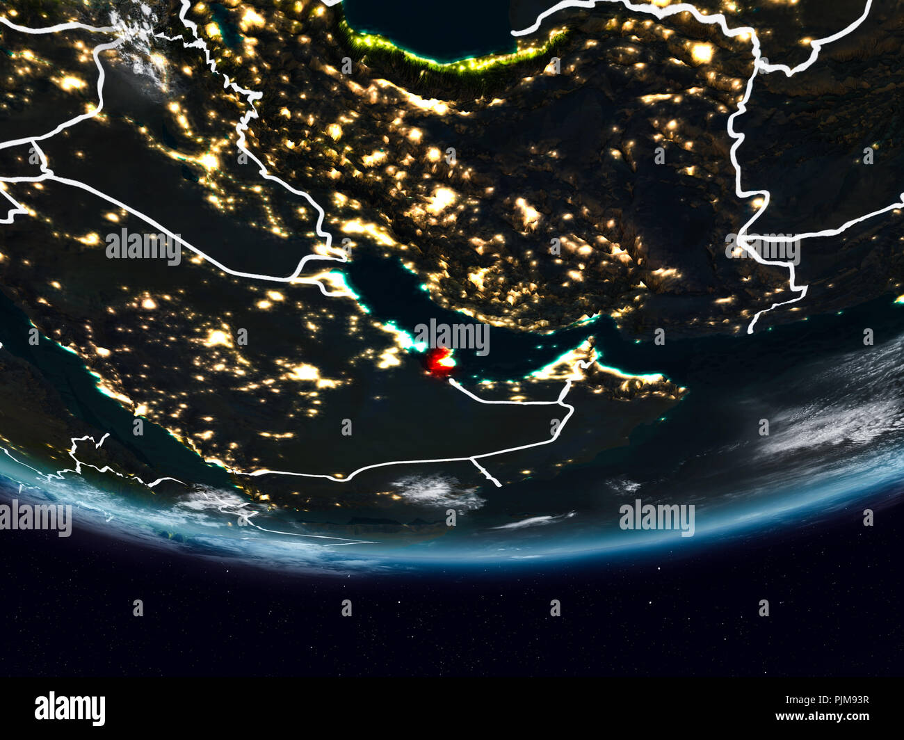 Qatar on Earth at night with visible country borders. 3D illustration ...