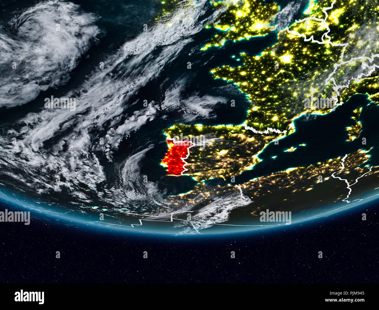 Portugal on Earth at night with visible country borders. 3D ...