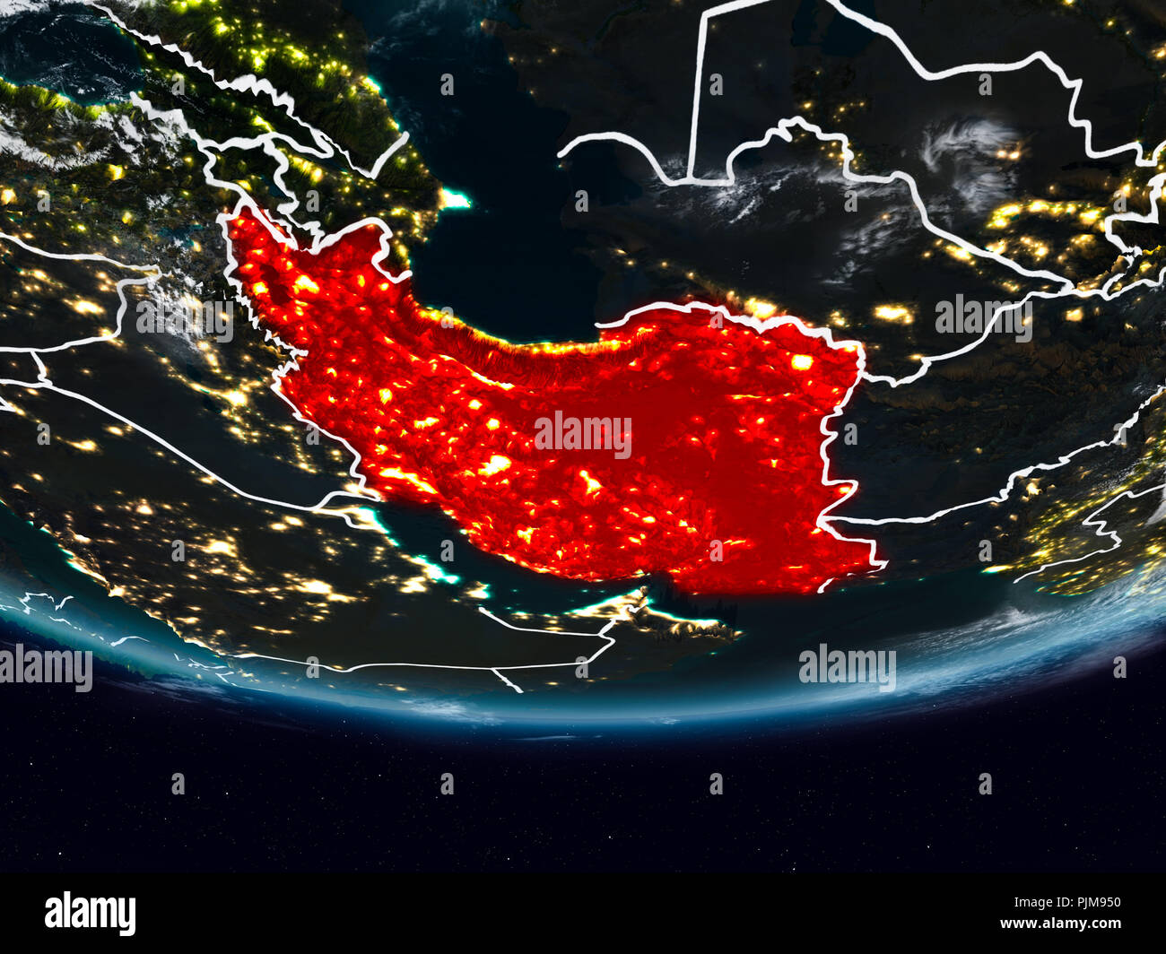 Iran on Earth at night with visible country borders. 3D illustration ...