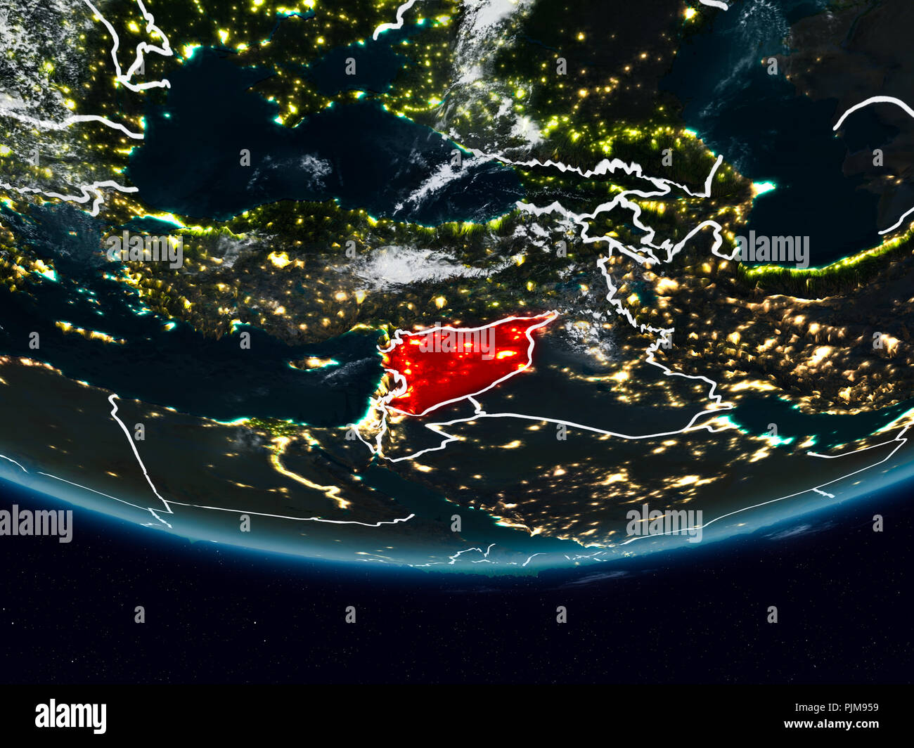 Syria on Earth at night with visible country borders. 3D illustration ...