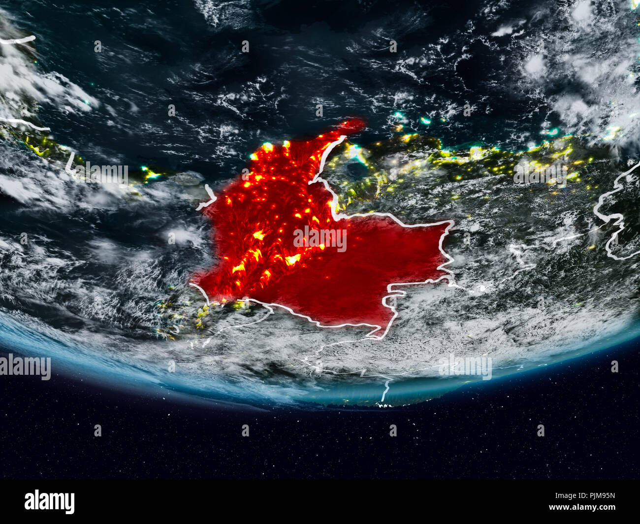 Colombia on Earth at night with visible country borders. 3D ...