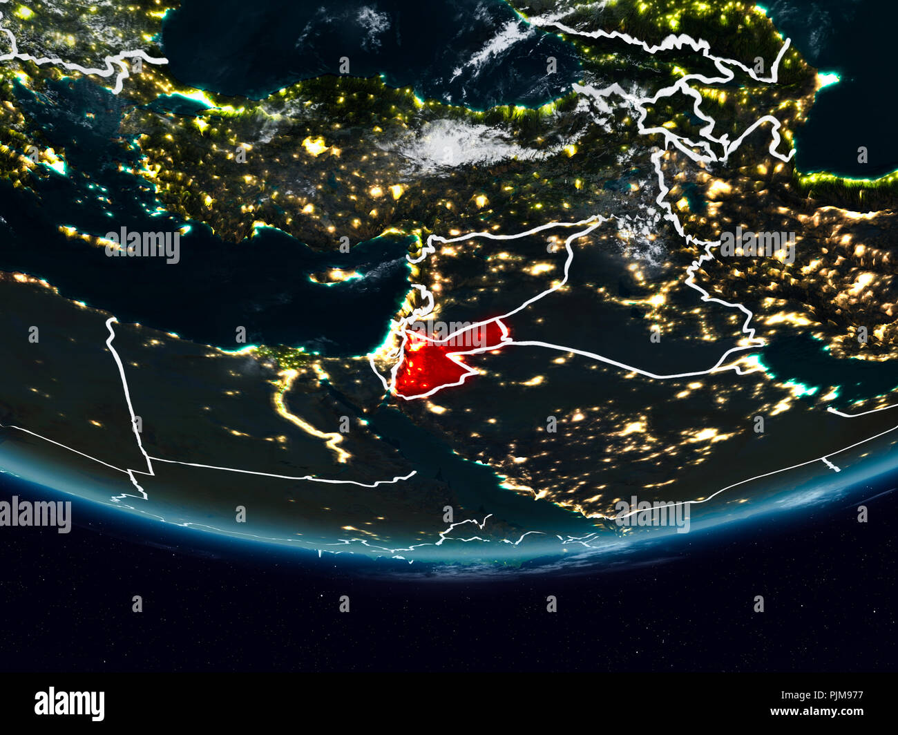 Jordan on Earth at night with visible country borders. 3D illustration ...