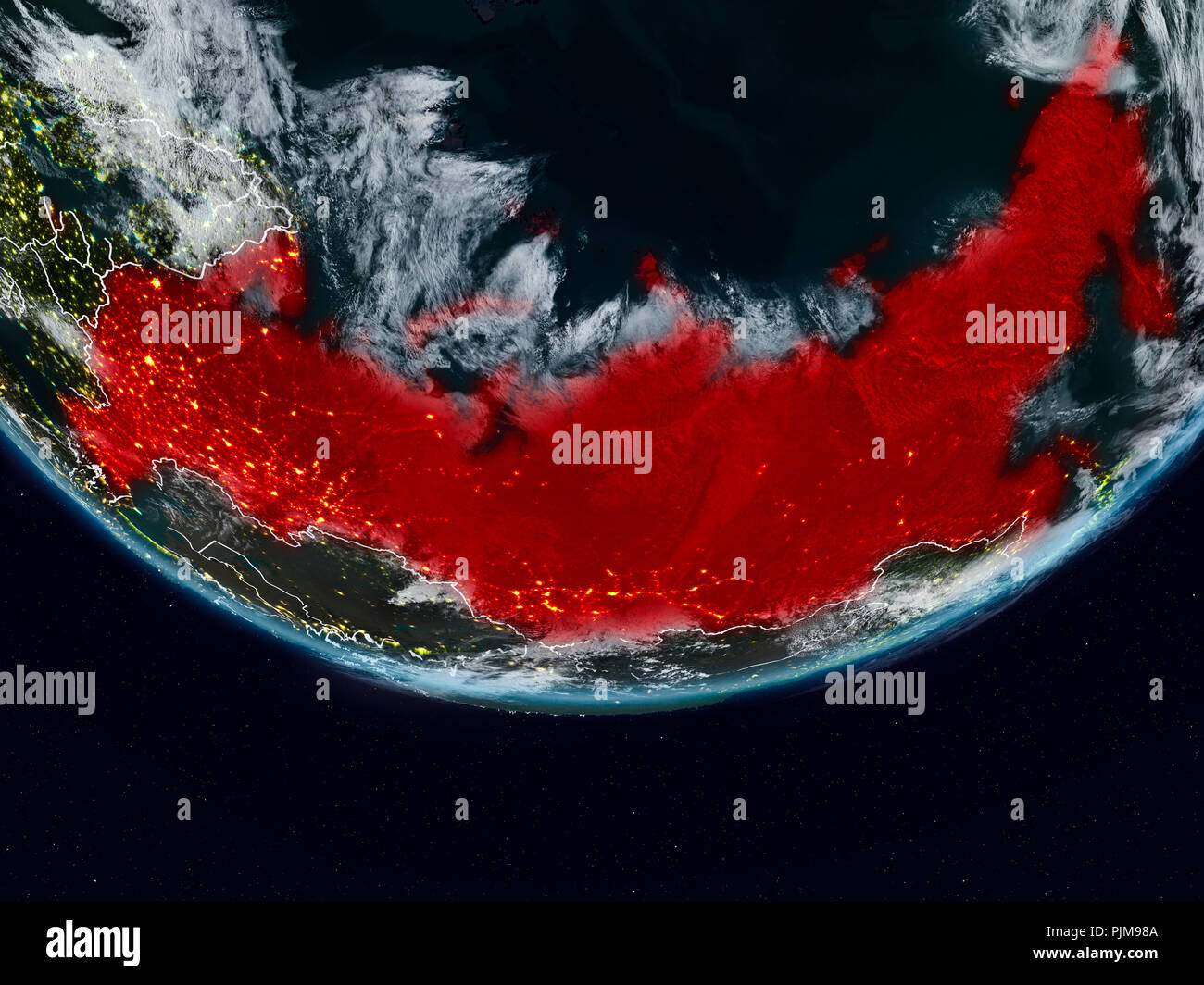 Russia on Earth at night with visible country borders. 3D illustration ...