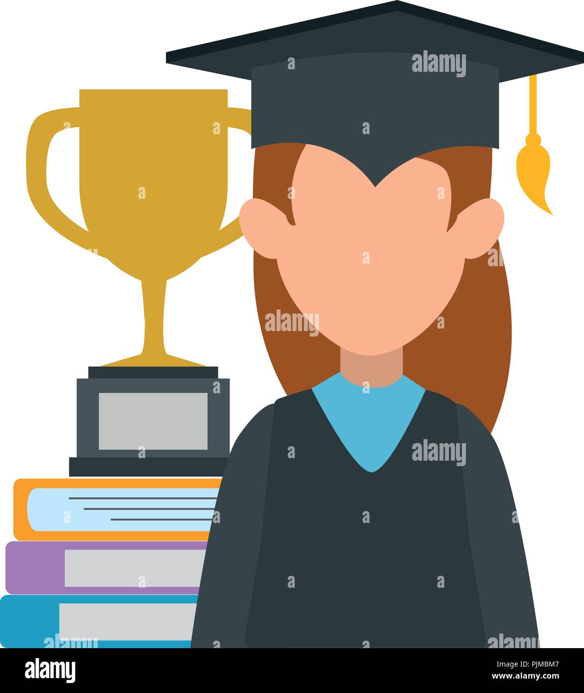 woman student graduated with trophy and books vector illustration Stock ...