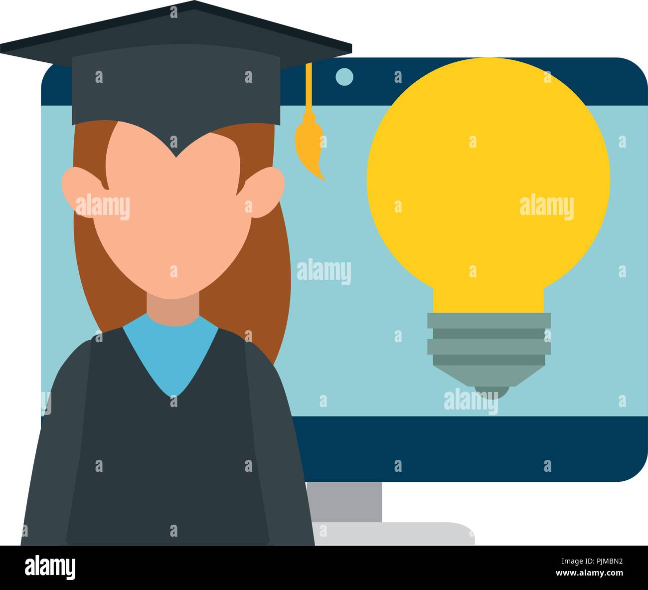 woman student graduated with computer and bulb vector illustration ...