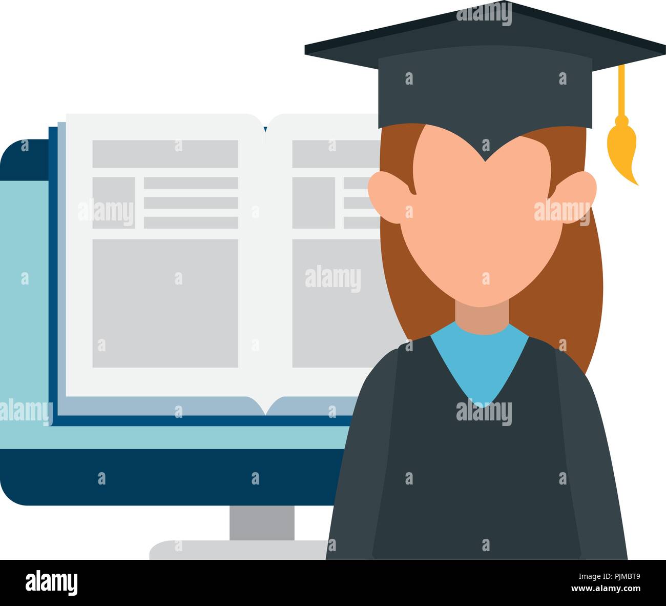 woman student graduated with computer and book vector illustration ...