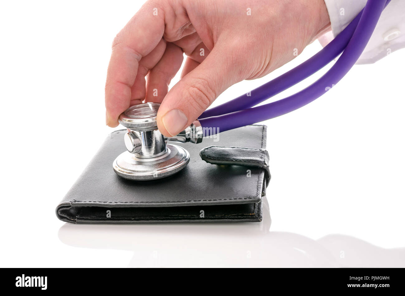 Male hand checking a wallet with stethoscope. Isolated over white ...