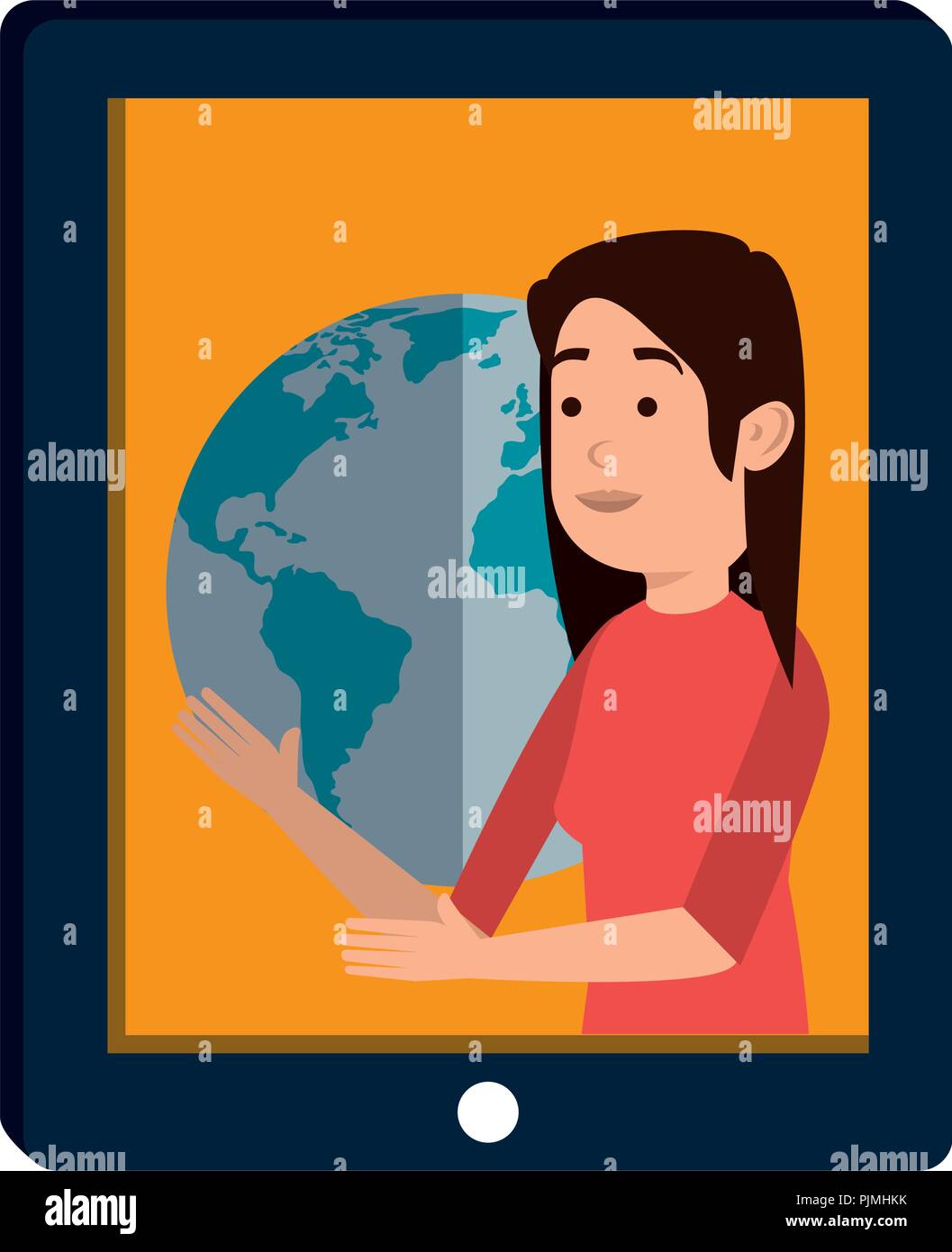 woman teaching in tablet and world planet vector illustration design ...