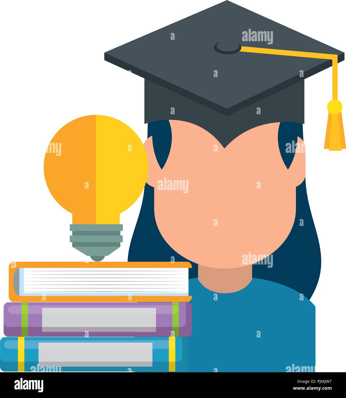 woman student graduated with books and bulb vector illustration Stock ...