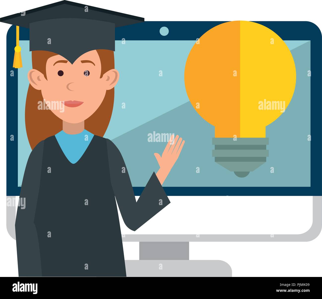 woman student graduated with computer and bulb vector illustration ...