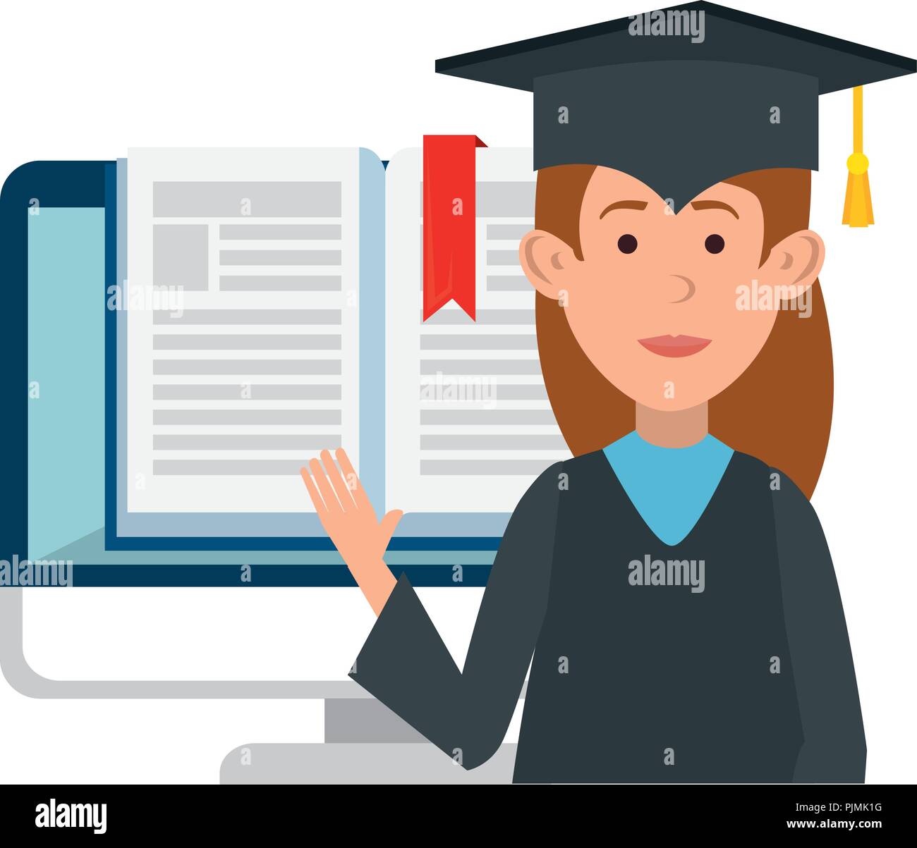woman student graduated with computer and book vector illustration ...