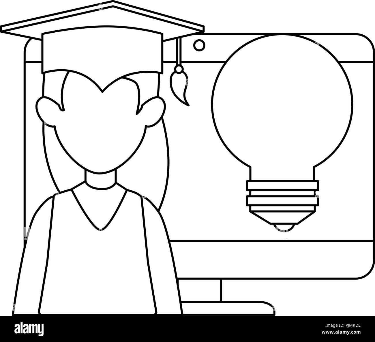 woman student graduated with computer and bulb vector illustration ...