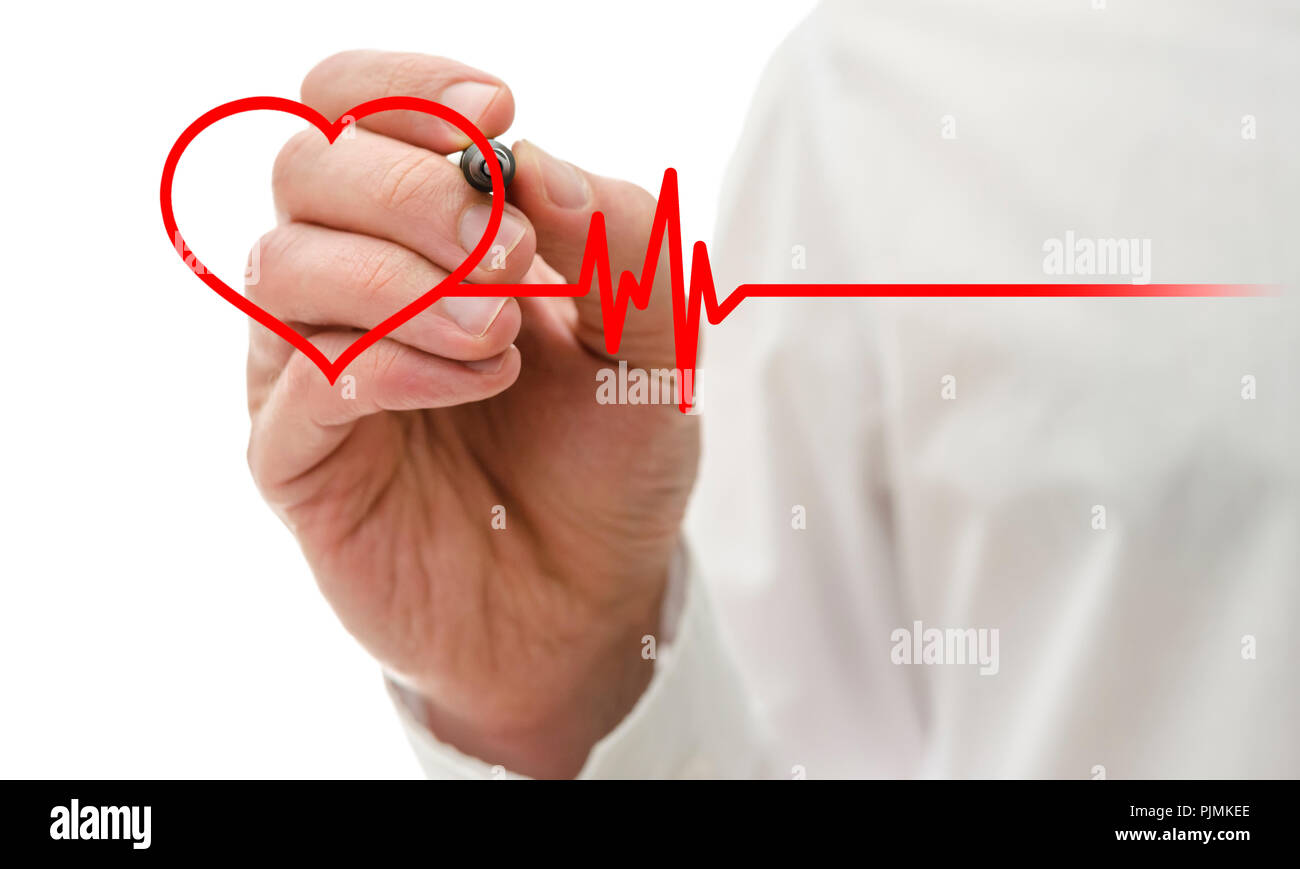 Male hand drawing heart and heartbeat symbol with red pen Stock Photo ...