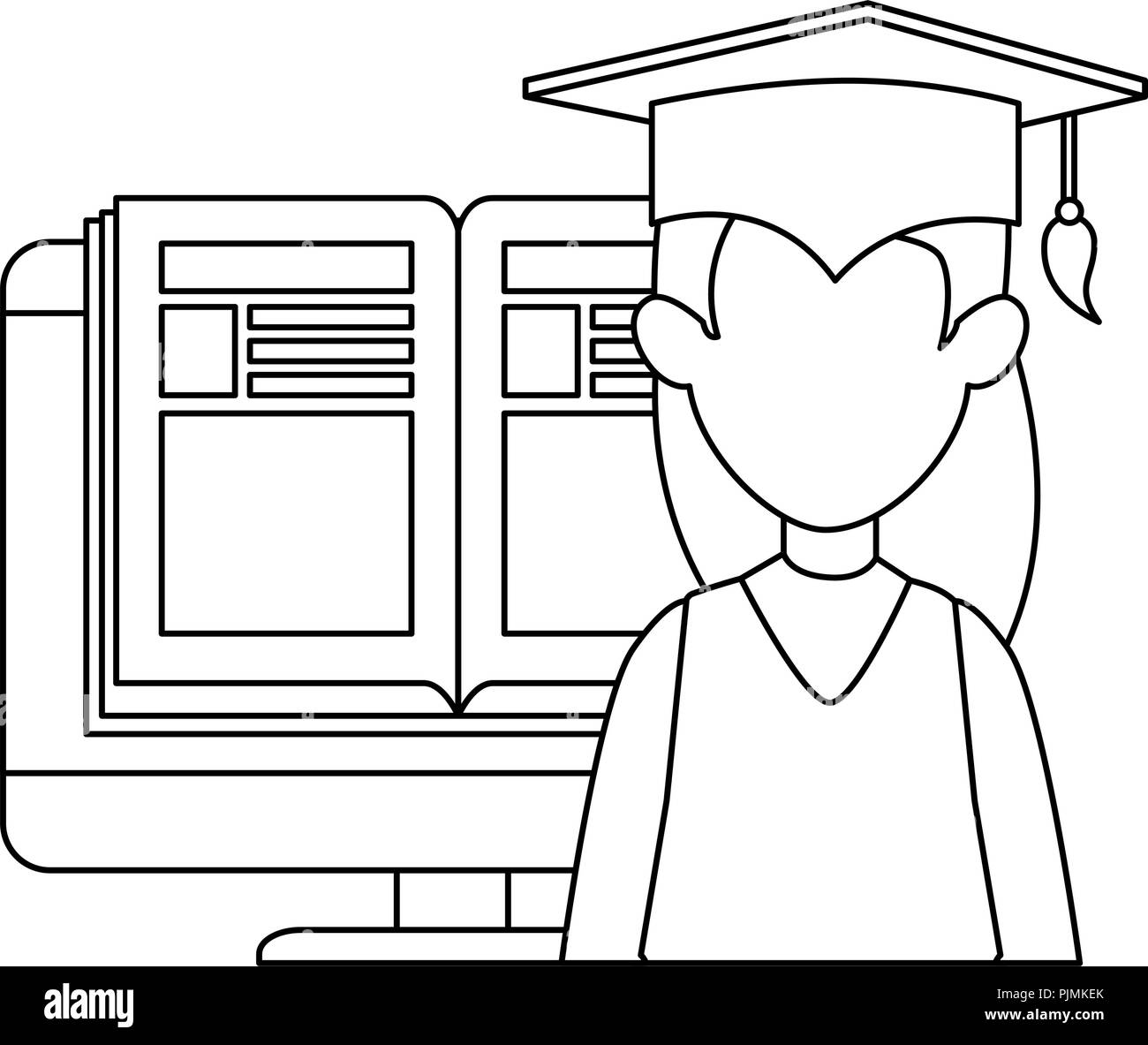 woman student graduated with computer and book vector illustration ...