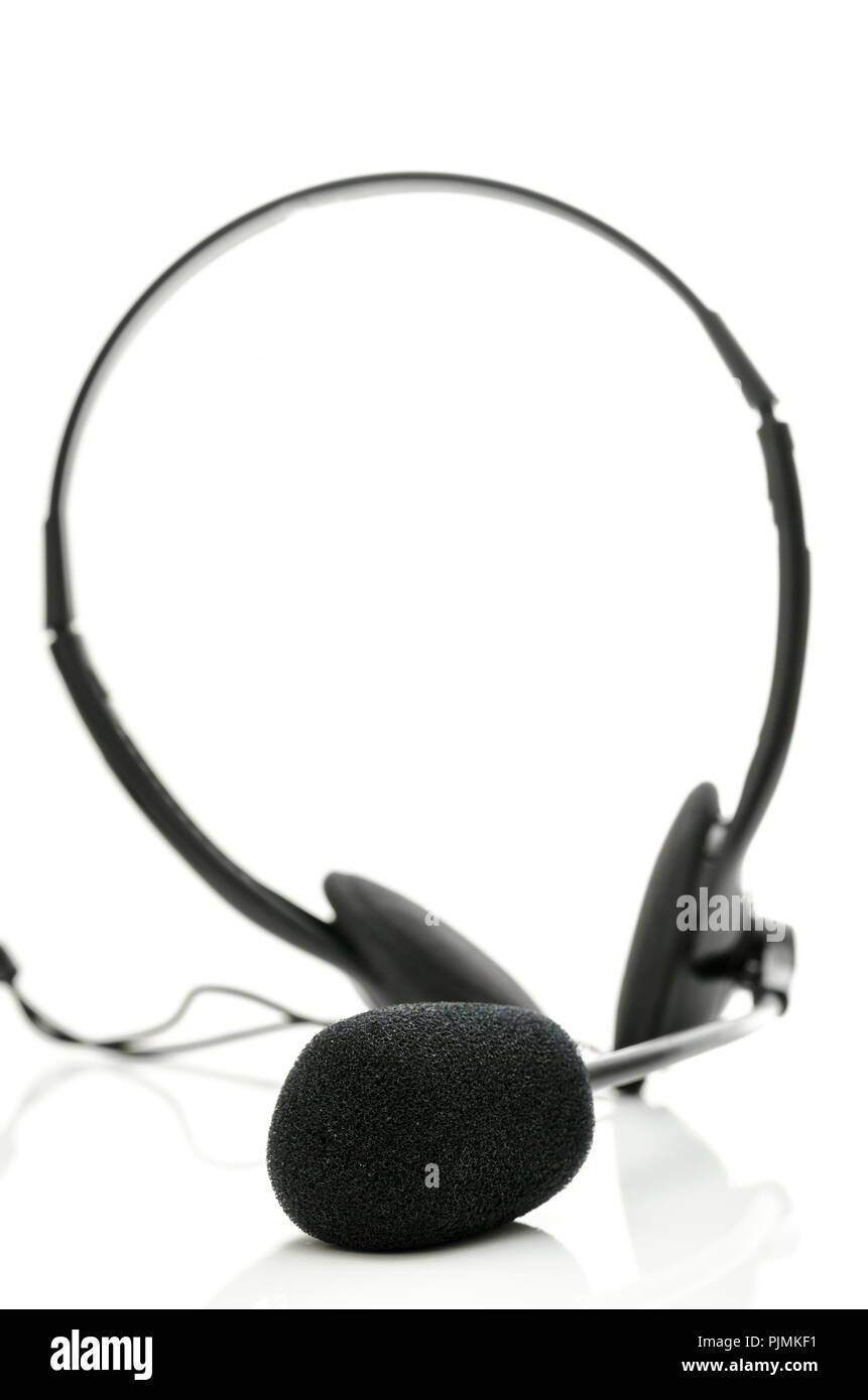 Headset commonly used in call center. Focus on microphone. Isolated ...