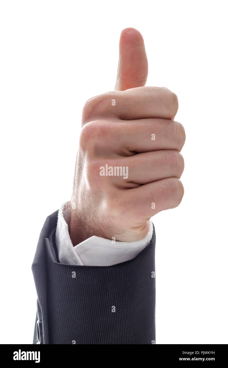 Hand of a business man showing an ok sign. Isolated on a white ...