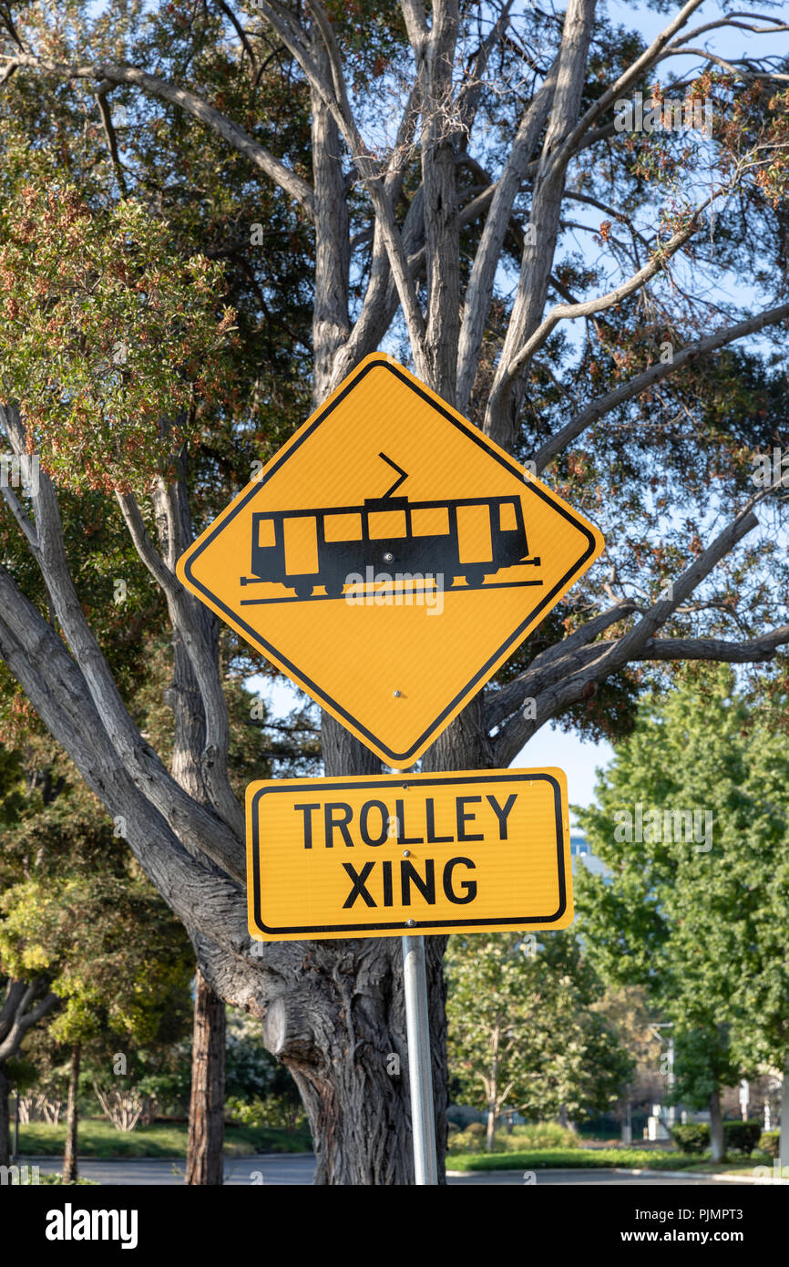 Trolley crossing sign (Trolley Xing); California, USA Stock Photo - Alamy