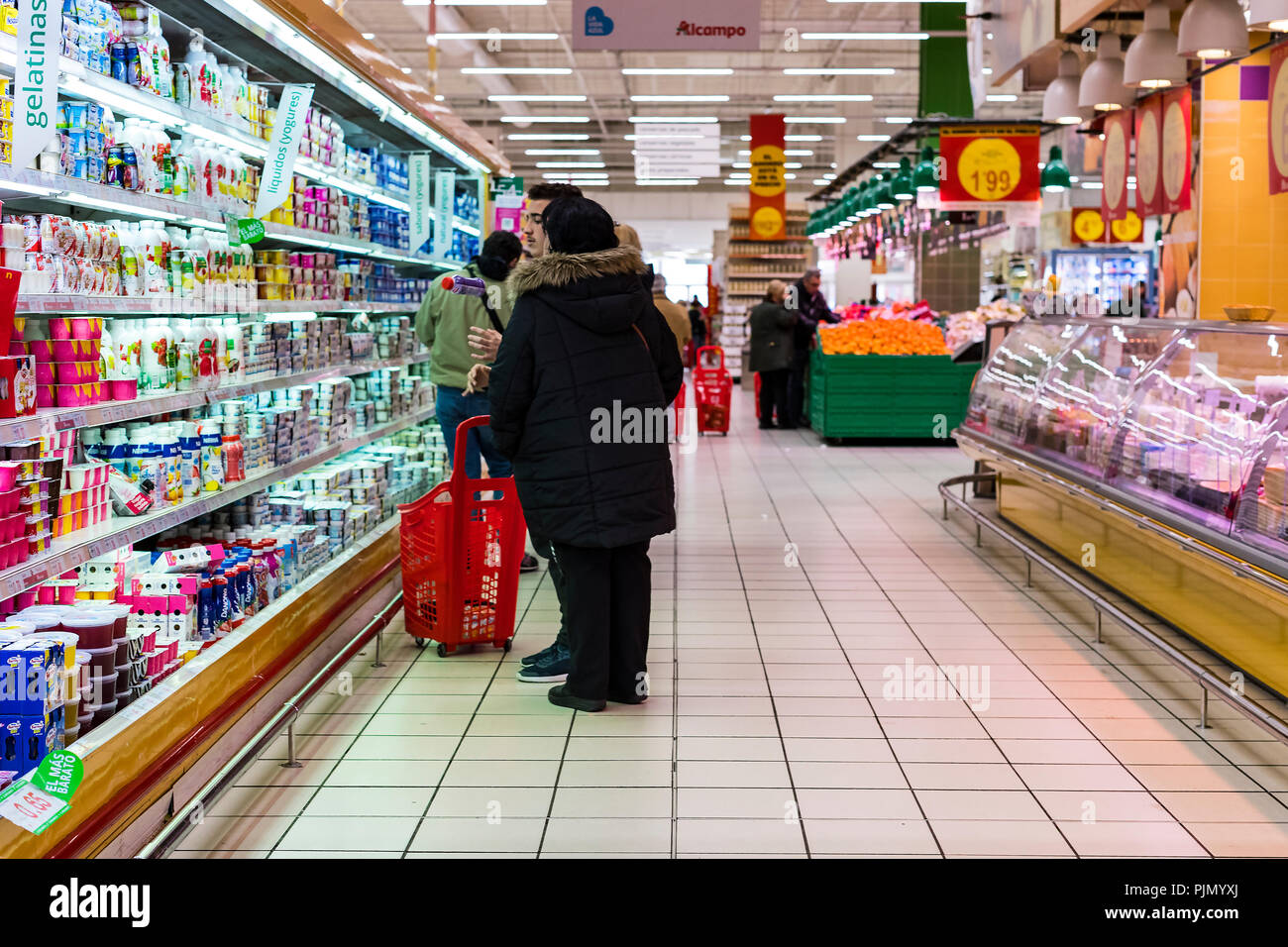 MADRID, SPAIN - 26 MARCH, 2018: Large food supermarket with customers ...