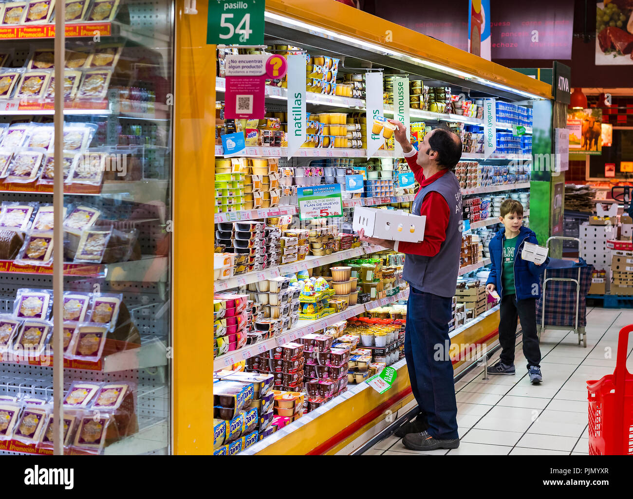 MADRID, SPAIN - 26 MARCH, 2018: Large food supermarket with customers ...