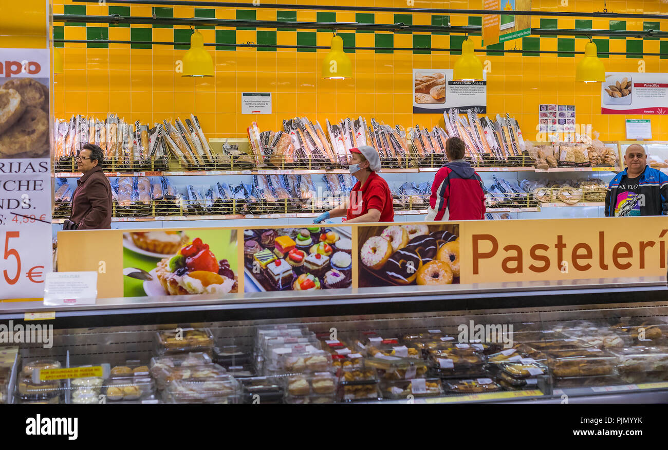 MADRID, SPAIN - 26 MARCH, 2018: Large food supermarket with customers ...