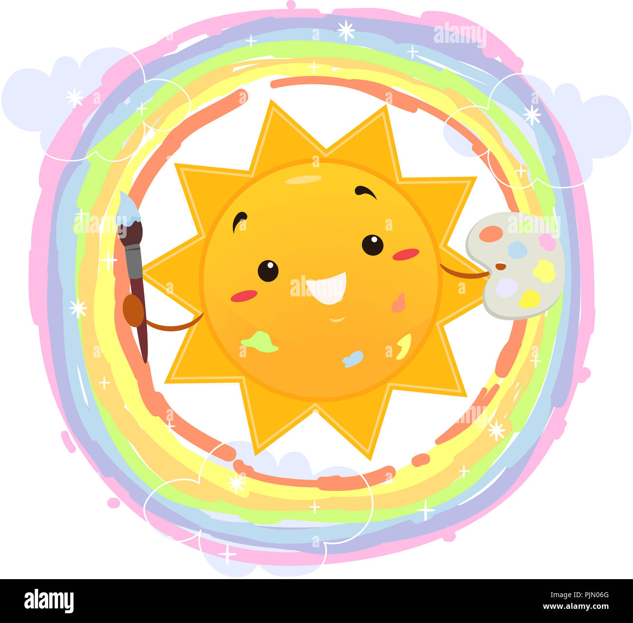 Illustration of a Sun Mascot Holding a Paintbrush and Palette Painting ...