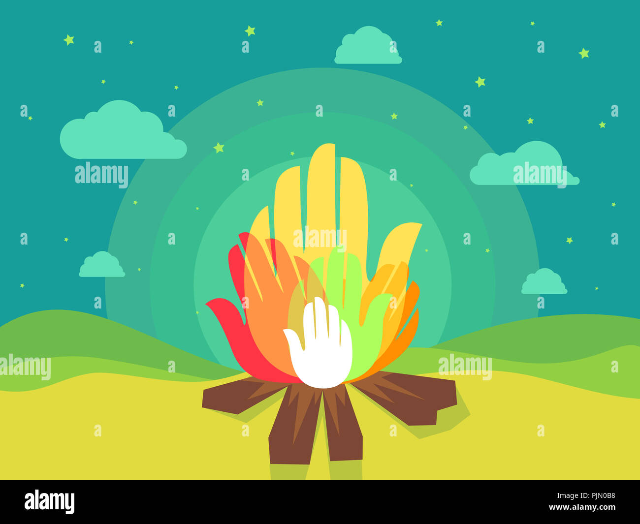 Illustration of Bonfire with Flames in Shape of Hands Stock Photo - Alamy