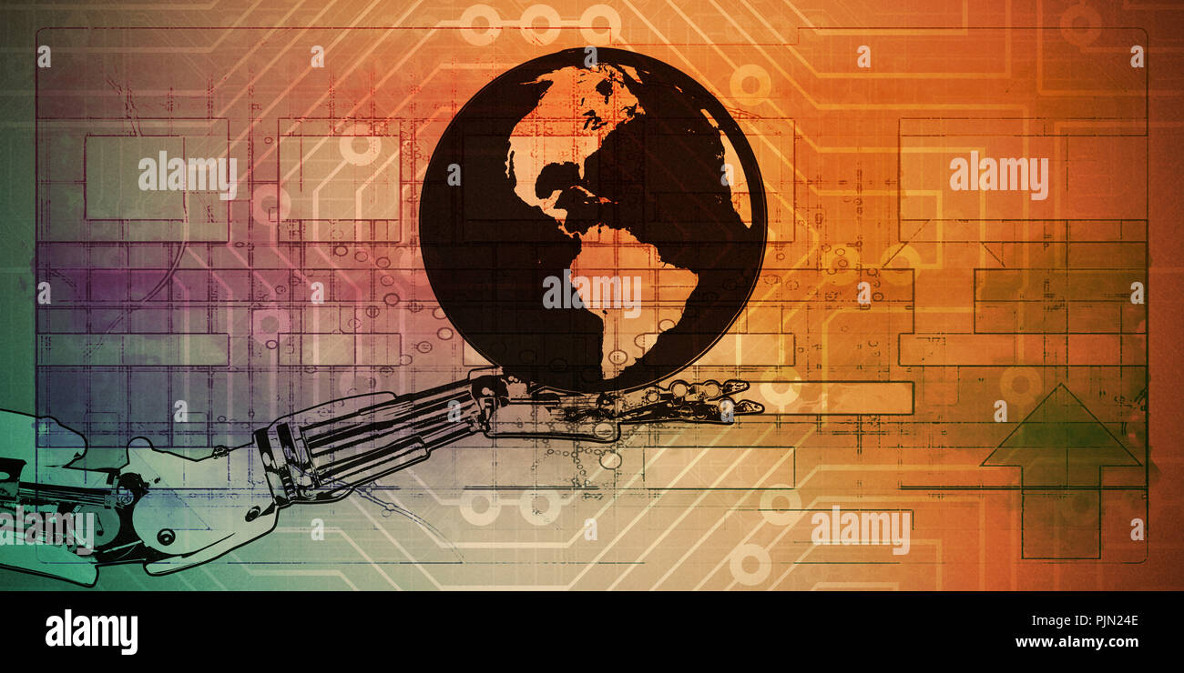 Automated Technologies with Robotic Hand Lifting Globe Stock Photo - Alamy